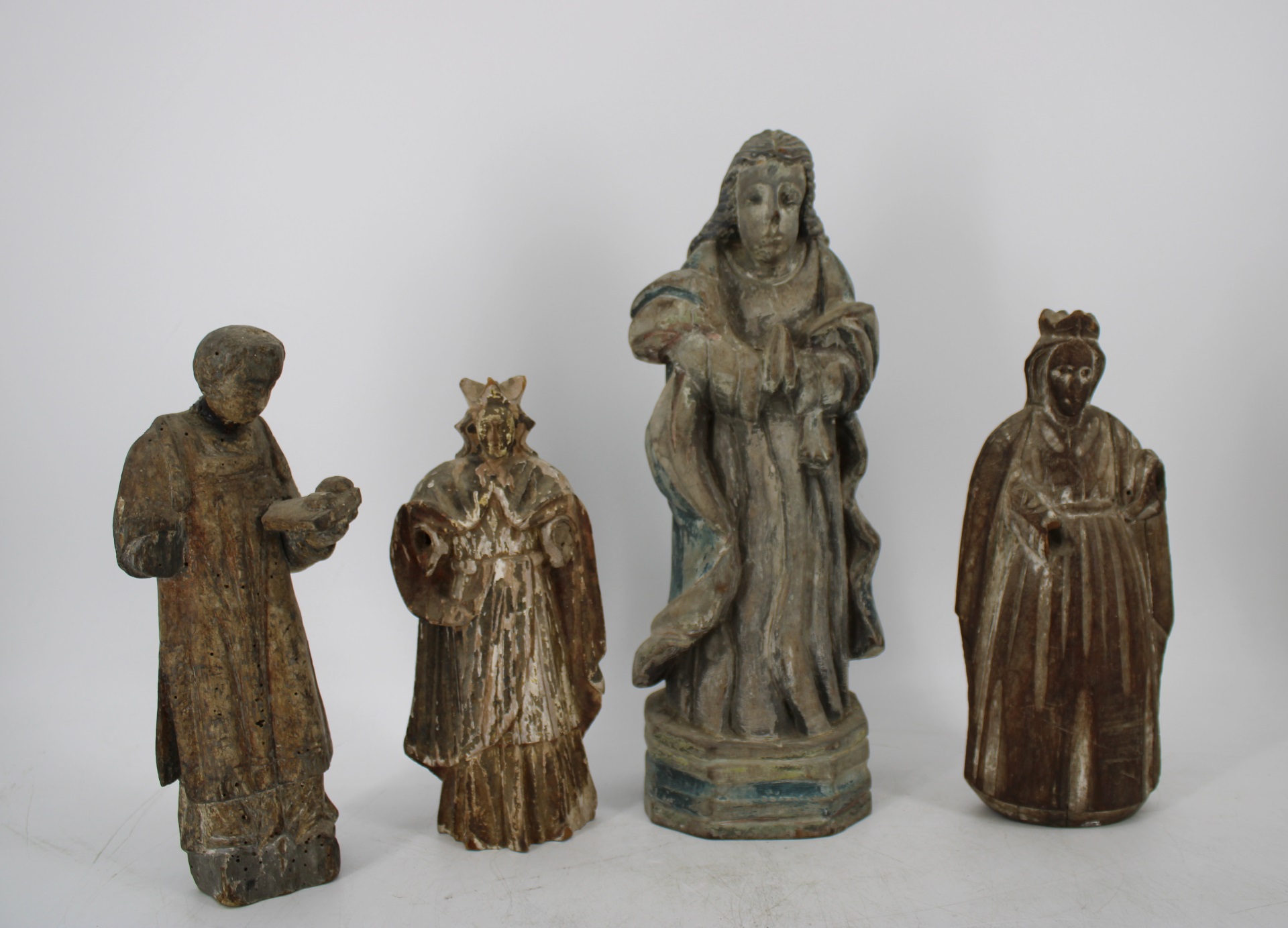 3 Antique Carved Wood Santos Figures | Barnebys